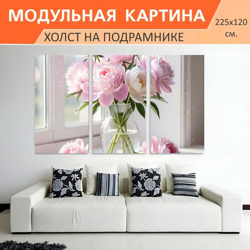 Модульная картина на холсте "Нежные пионы в стеклянной вазе. Воздушная композиция из пышных цветков в пастельных розово-белых тонах." триптих на подрамнике 225х120 см. для интерьера