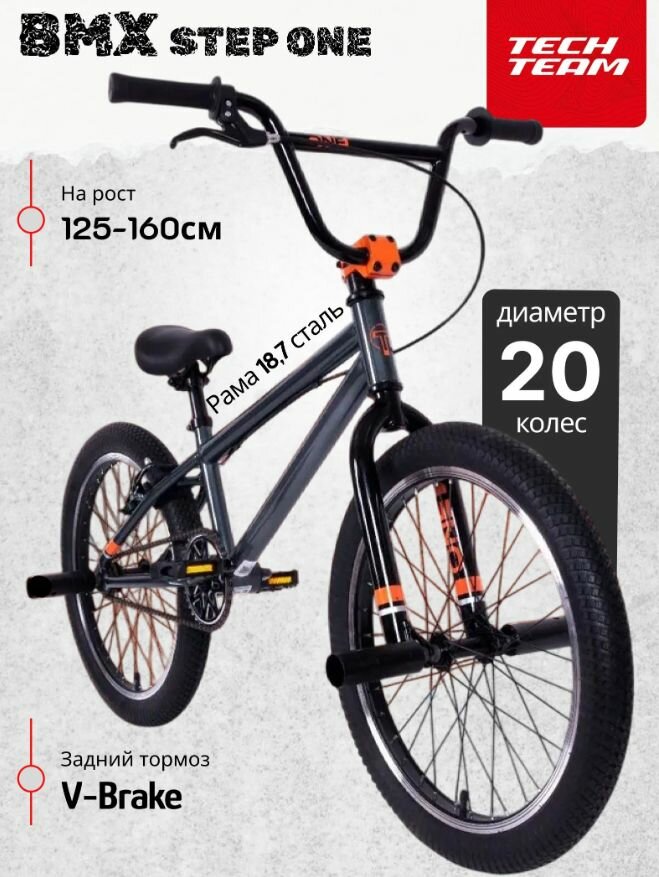 Велосипед BMX трюковой Tech Team Step One, колесо 20", на рост 125-150 см, серый