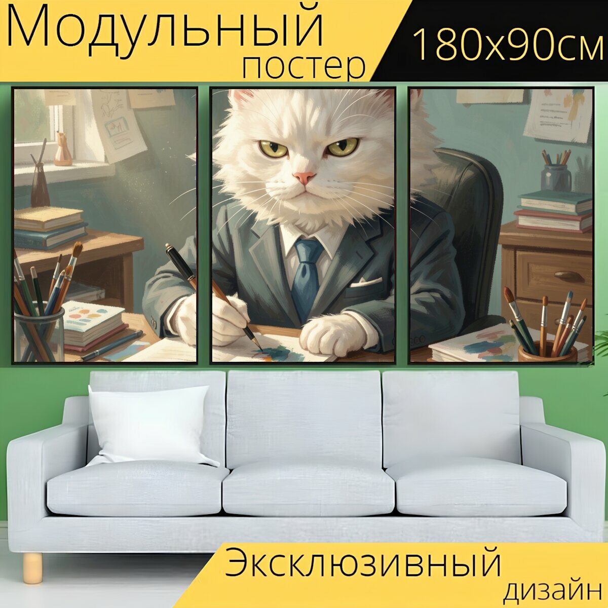Модульный постер "Белый кот в деловом костюме. Антропоморфный пушистый питомец за рабочим столом рисует акварель в кабинете. Цифровая." 180 x 90 см. для интерьера на стену в тубусе