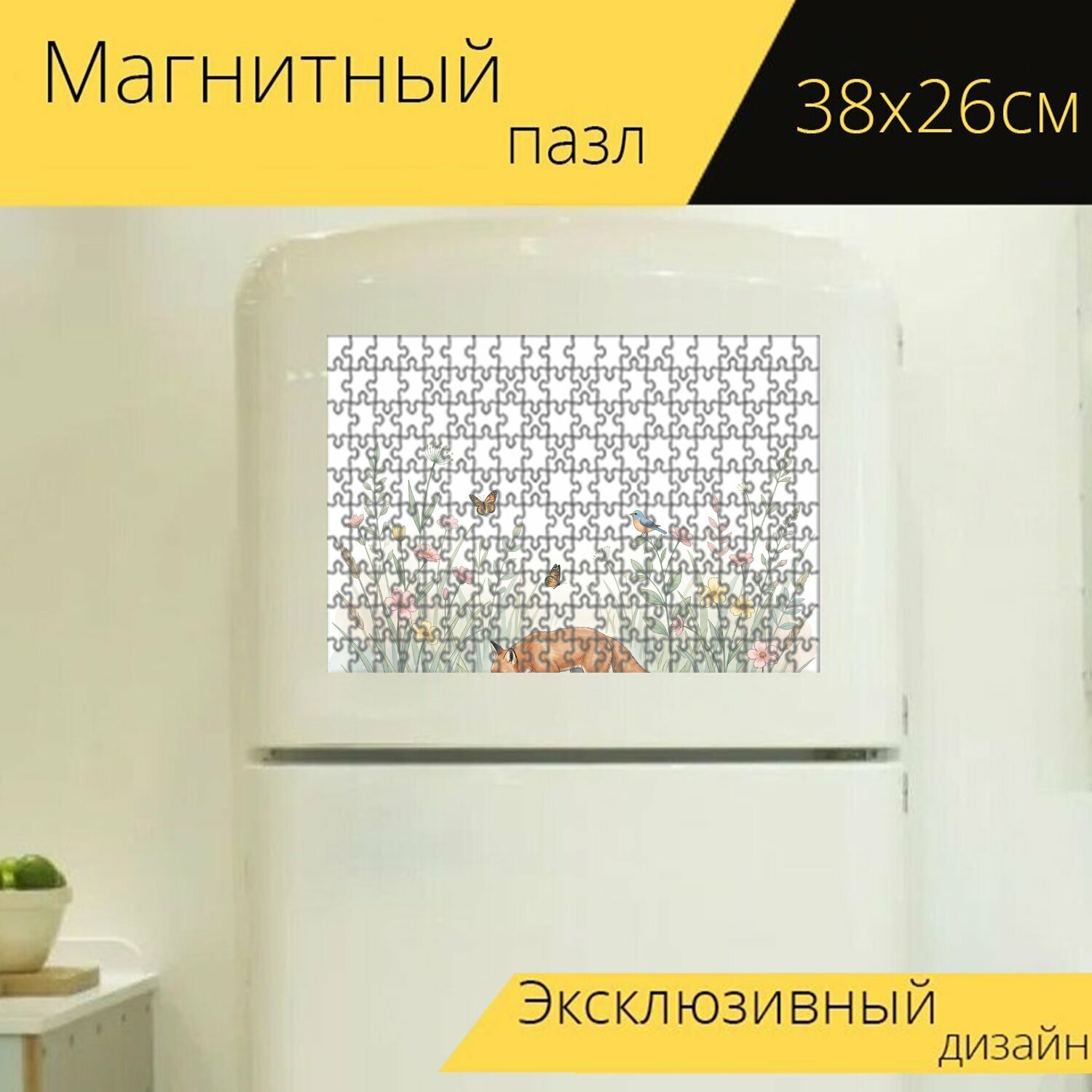 Магнитный пазл "Лиса среди полевых цветов. Нежная акварельная иллюстрация с рыжей лисичкой на лесной лужайке, окружённой травами, бабочками и птичкой." для интерьера, 38х26 см.