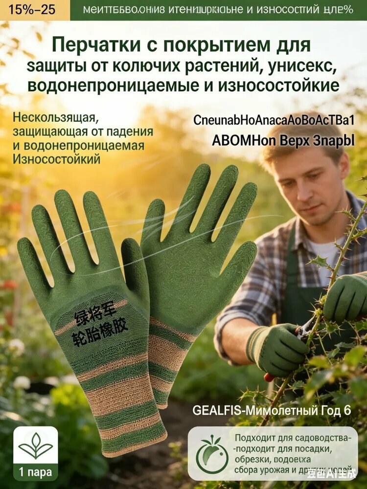 GEALFIS Перчатки садовые защитные от шипов роз непромокаемые с покрытием унисекс для работ