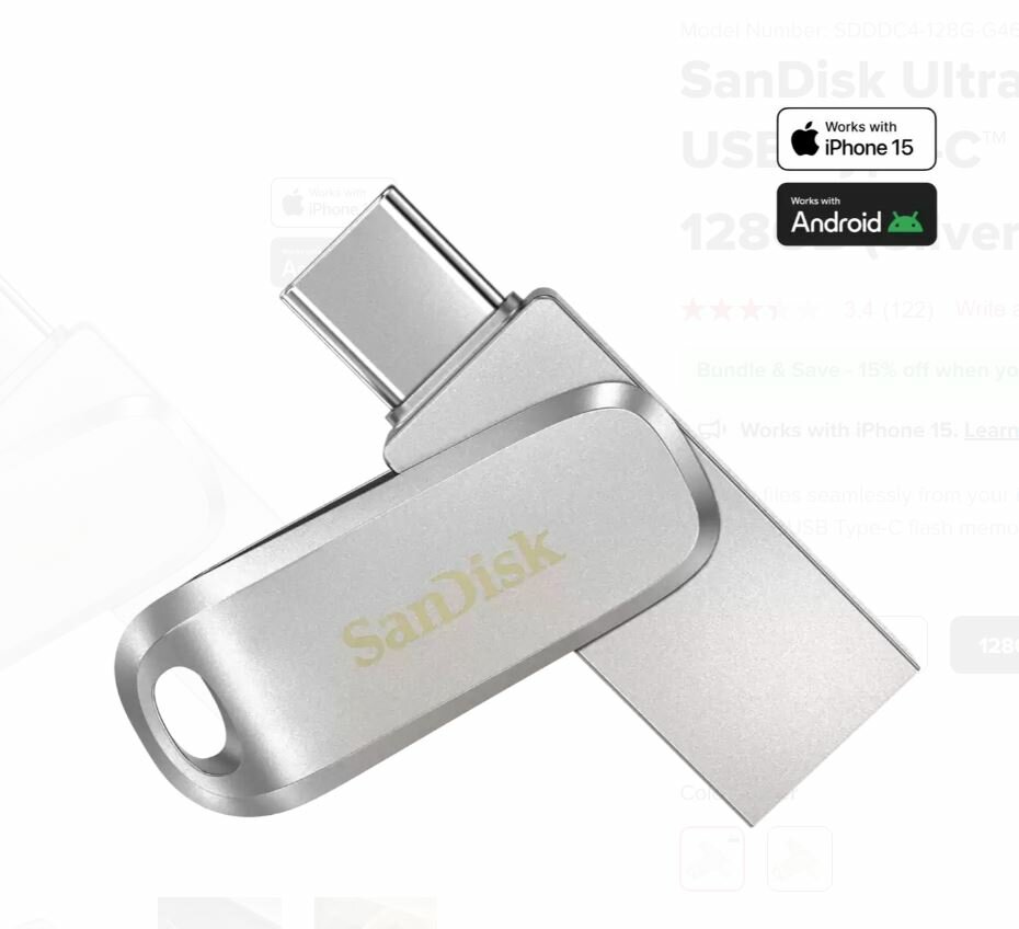 Флешка SanDisk Ultra Dual Drive Luxe USB-A/ USB Type-C 128 ГБ, 1 шт, серебристый два интерфейса OTG