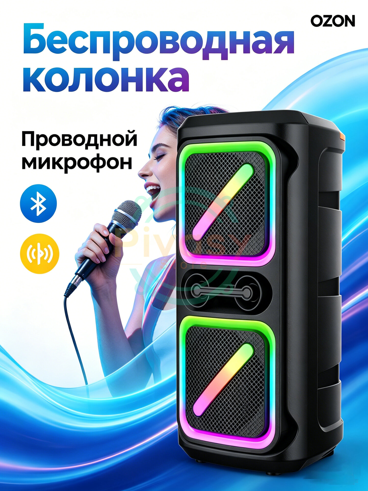 Двойной 8-дюймовый караоке-динамик с микрофоном и RGB-подсветкой: Мощный басовый сабвуфер, Bluetooth-бумбокс
