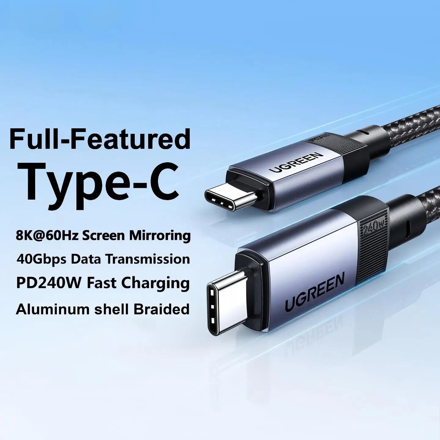 Кабель UGREEN Type-C - Type-C 8K PD240W 40Gbps, 0.3 м