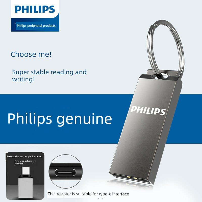Philips 16GB Высокоскоростная Металлическая USB-Флешка с Тип-C Адаптером, Компактная для ПК, Ноутбука, Мобильного