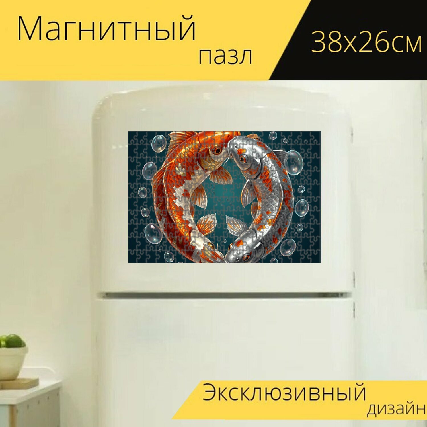 Магнитный пазл "Две декоративные рыбы в круге. Яркая цифровая иллюстрация с парой карпов кои в серебристо-оранжевых оттенках, образующих замкнутую." для интерьера, 38х26 см.