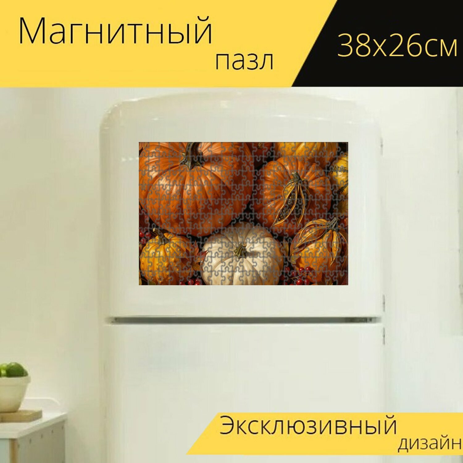 Магнитный пазл "Осенний натюрморт с тыквами. Тёплая композиция из спелых овощей, ягод и кленовых листьев в насыщенных оранжевых, жёлтых и красных тонах." для интерьера, 38х26 см.