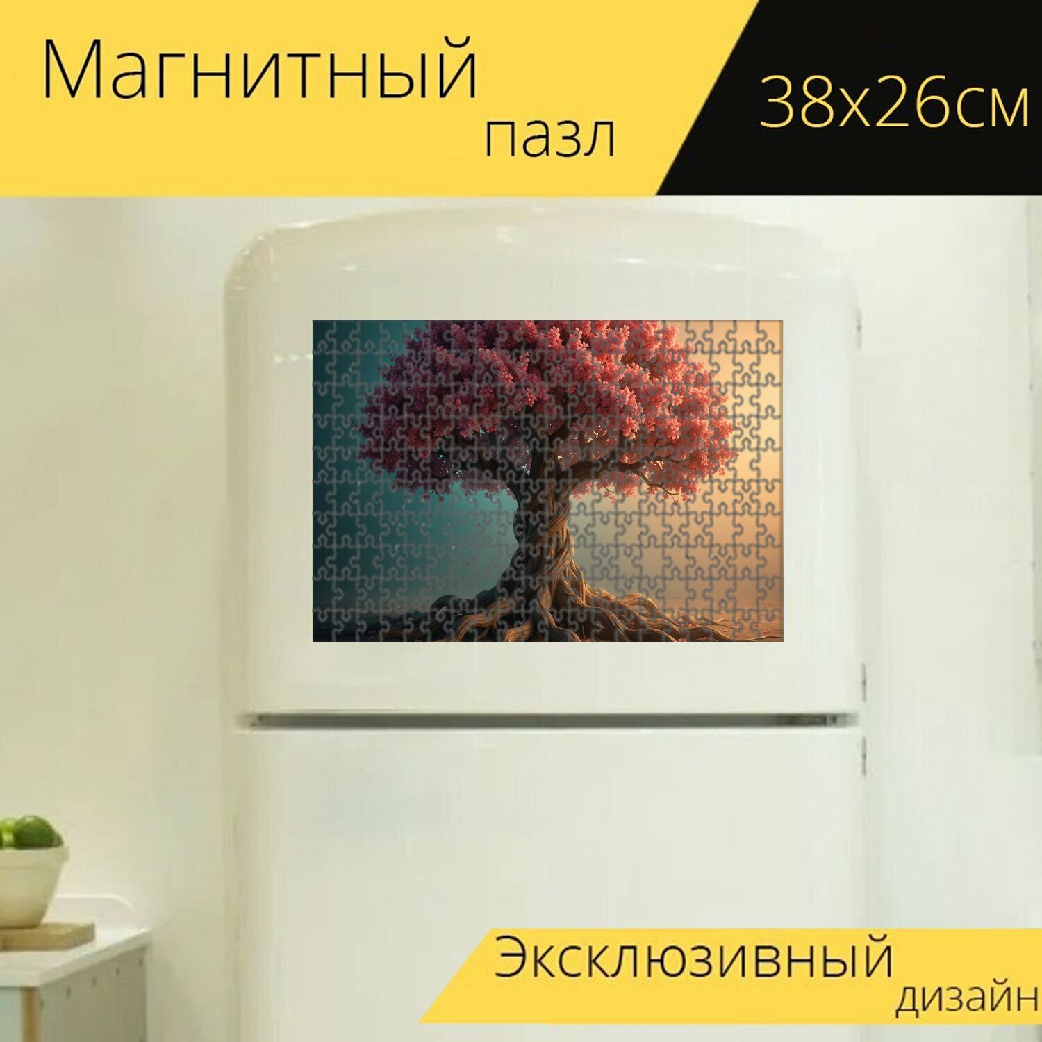 Магнитный пазл "Цветущее дерево с раскидистыми корнями. Фантазийное древо с розовой кроной и мощными извилистыми корнями, мягкий свет заката, градиентный." для интерьера, 38х26 см.