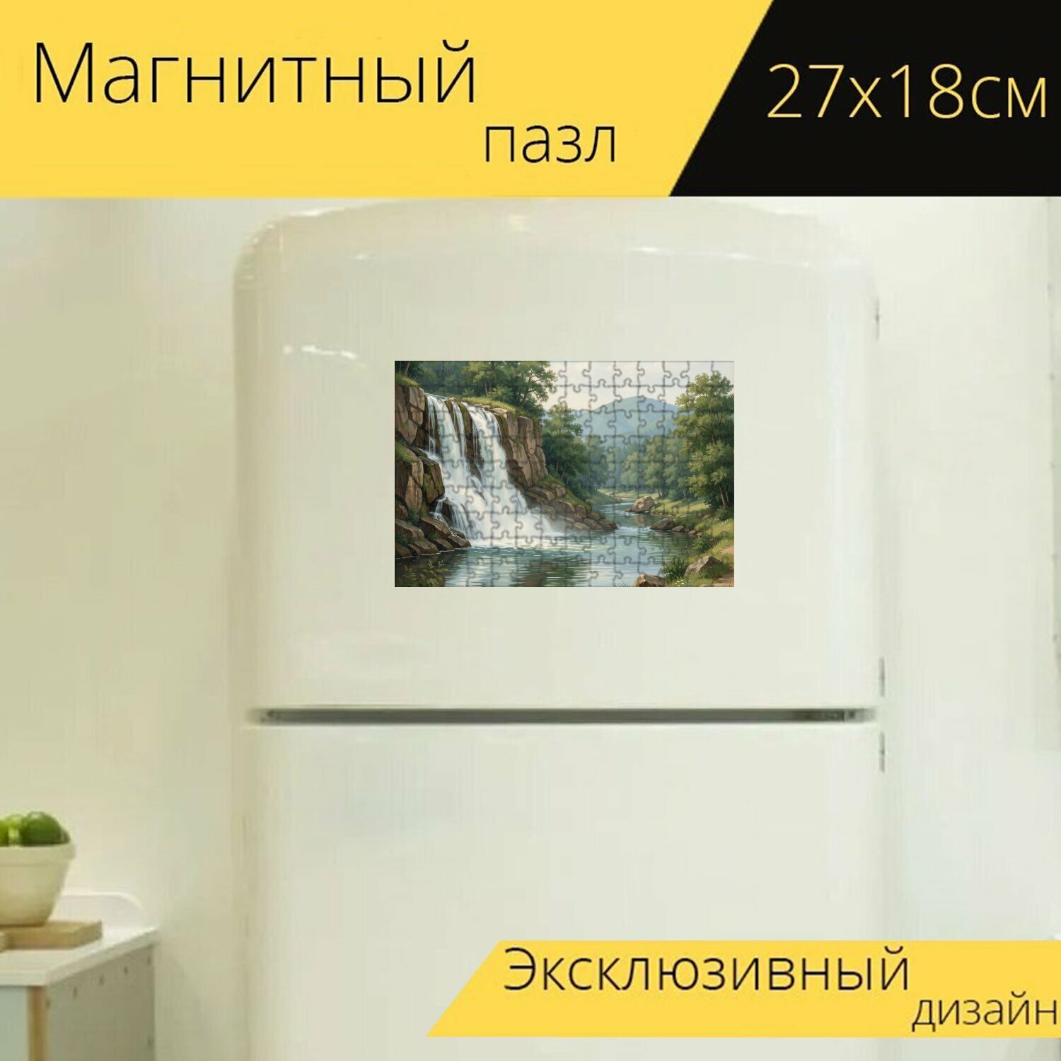 Магнитный пазл "Лесной водопад и река. Живописная природная композиция с каскадом на скалистом уступе, спокойным течением и далекими холмами. Мягкие." на холодильник 27 x 18 см.