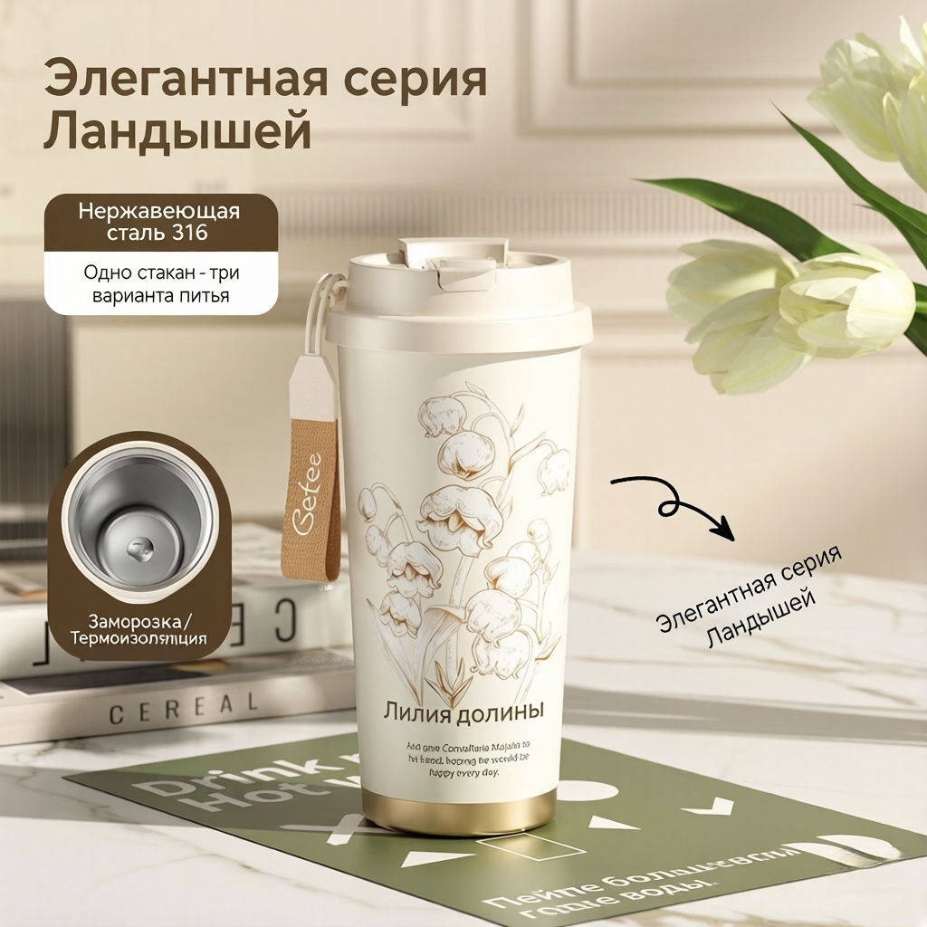 Термокружка Ландыш, 316 сталь, с трубочкой, большая ёмкость, стильная, портативная, для мужчин и женщин