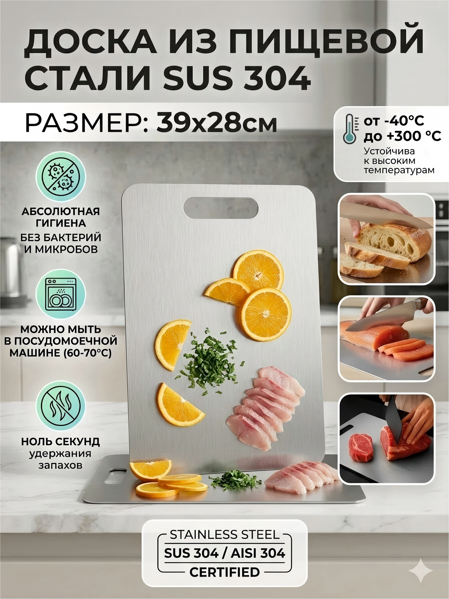 Доска разделочная металлическая из нержавеющей стали 304/39×28cm