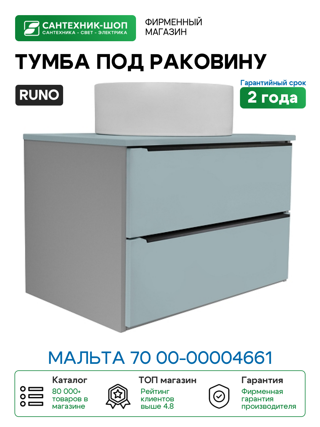 Тумба под раковину Runo Мальта 70 00-00004661 цвет Белый