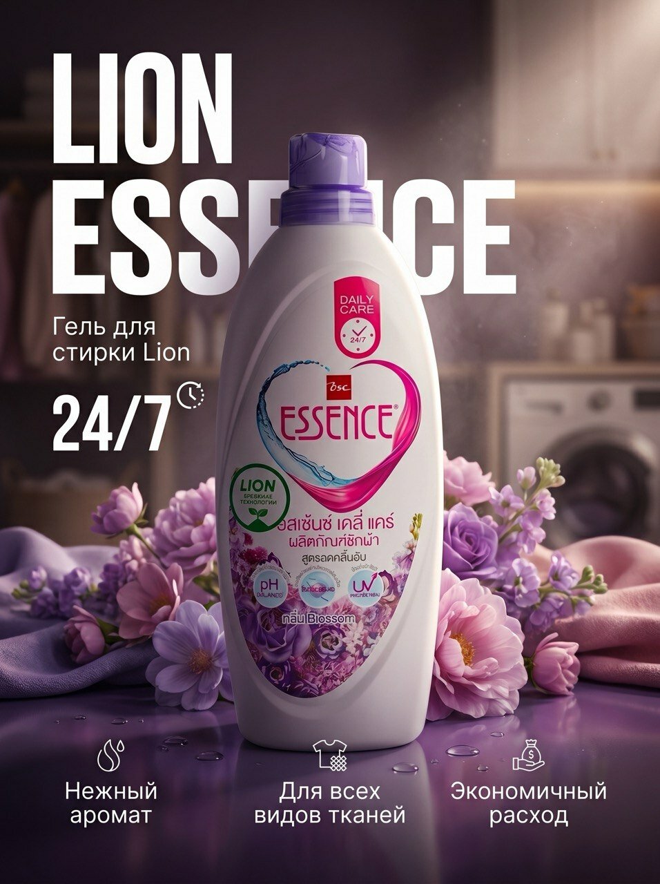 LION Гель для стирки белья концентрат Essence Blossom / Жидкий стиральный порошок, средство моющее для белых, цветных, черных вещей, одежды / японские технологии, 900 мл