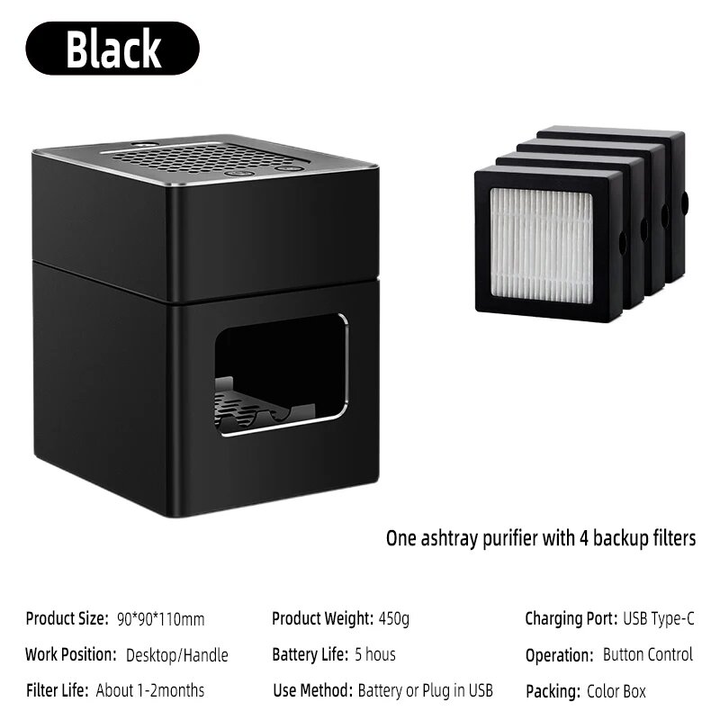 Асhtray Air Purifier LONHOMON AP078 с USB-зарядкой, противник вторичного дыма, настольная пепельница, удаляет запах, домашний очиститель воздуха — черный с 4 фильтрами