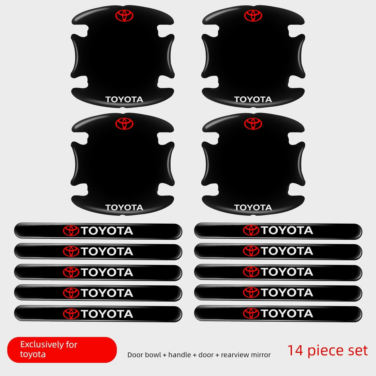 Toyota Corolla Cross Черный фон с логотипом Тойота дверная накладка и бамперная полоса, комплект из 14 штук