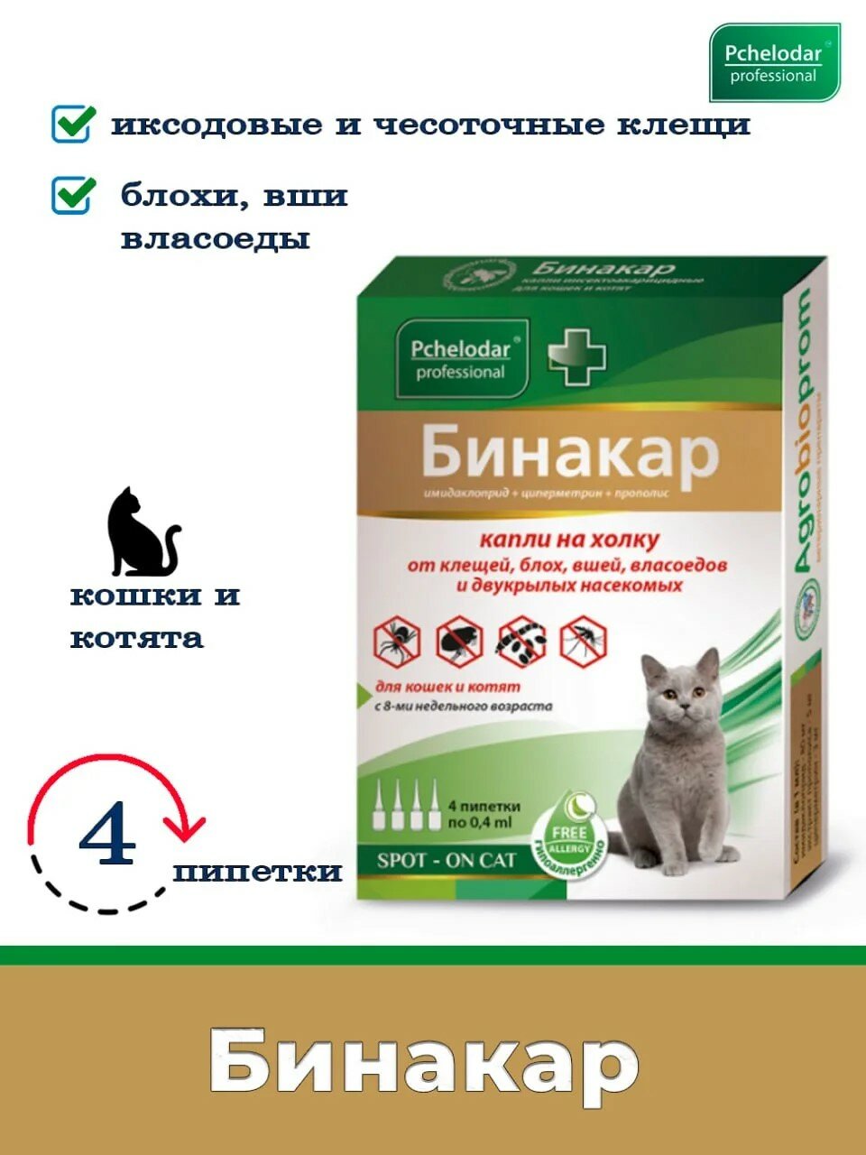 Бинакар капли на холку для кошек и котят против блох 4 пипетки