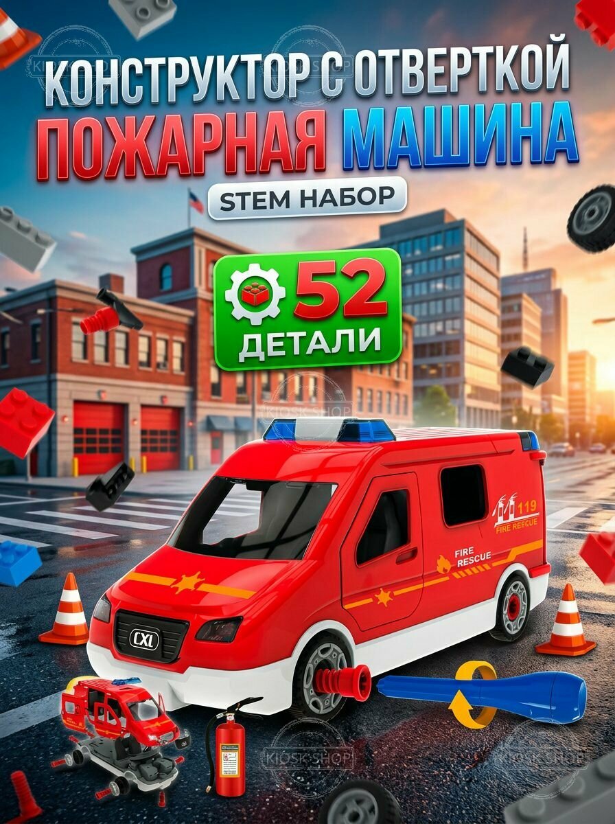 Детский конструктор с отверткой Пожарная машина 52 детали развивающая игрушка для детей