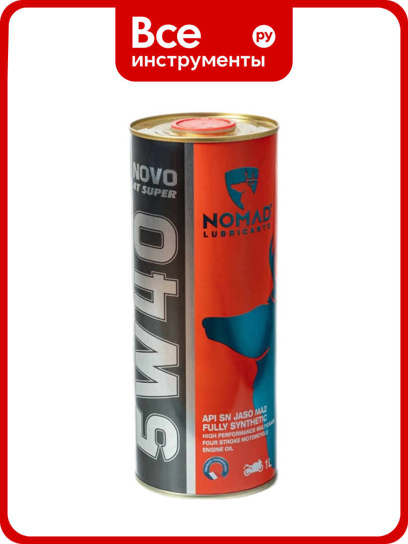 Масло моторное синтетическое для мототранспорта NOMAD Novo 4T SAE 5W40 API SN, JASO MA2 1л 33575, повышенная защита