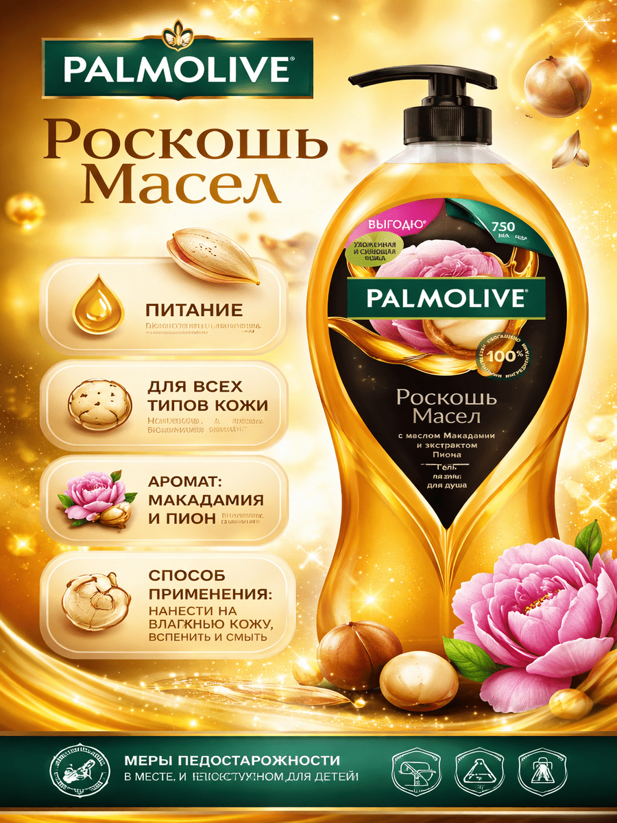 Гель для душа Palmolive Роскошь масел с маслом Макадамии и экстрактом Пиона, 750мл