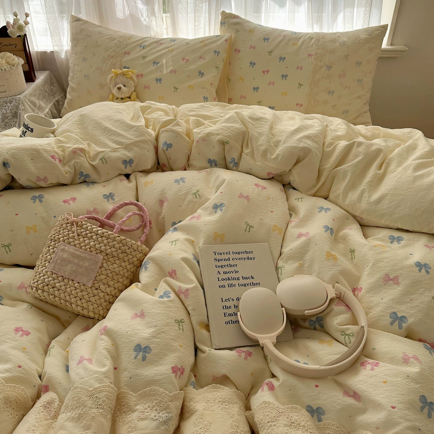 Мягкий комплект постельного белья Fufu Love Cat из четырех предметов в корейском стиле с кружевом, милый, сказочный,