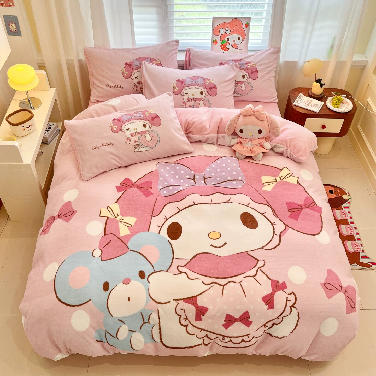 Комплект из четырех предметов из молочного вельвета с мультяшным принтом Hello Kitty, милый детский комплект из