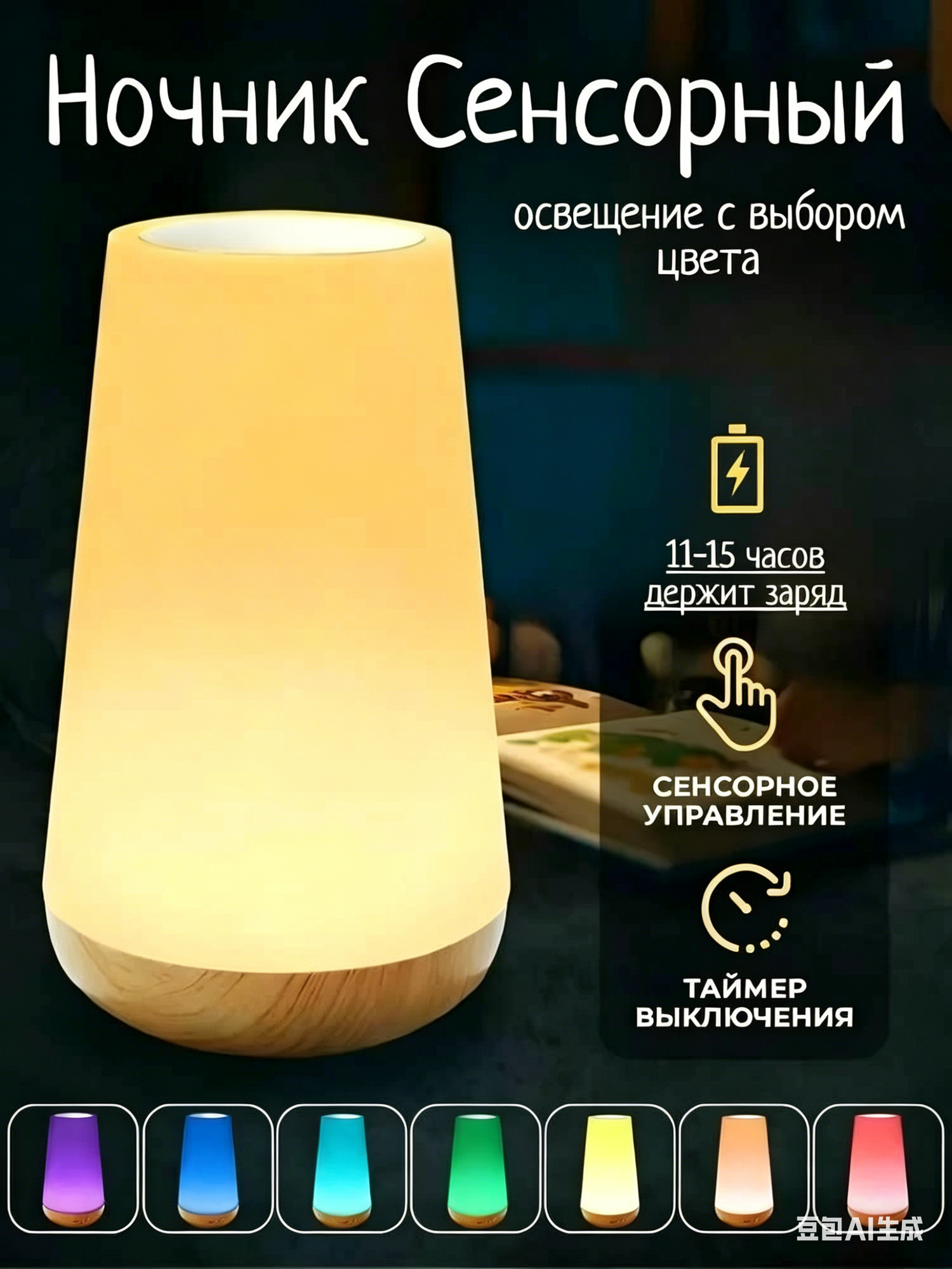 Сенсорный светильник/ LED-ночник для сна беспроводной/ Лампа настольная с пультом меняющая цвета