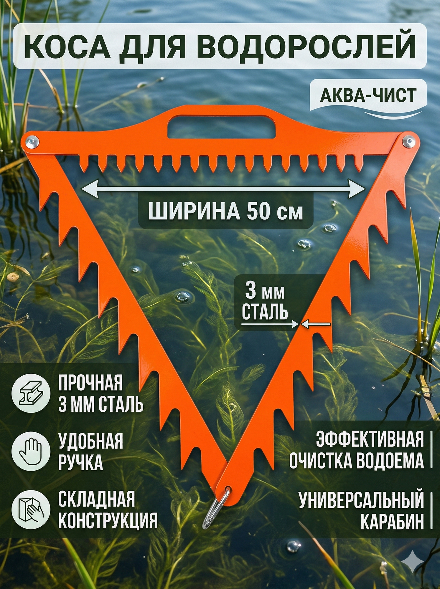 Коса для рыбалки донная рыболовная складная сталь 3мм для очистки дна от водорослей камыша растений манко MANKO