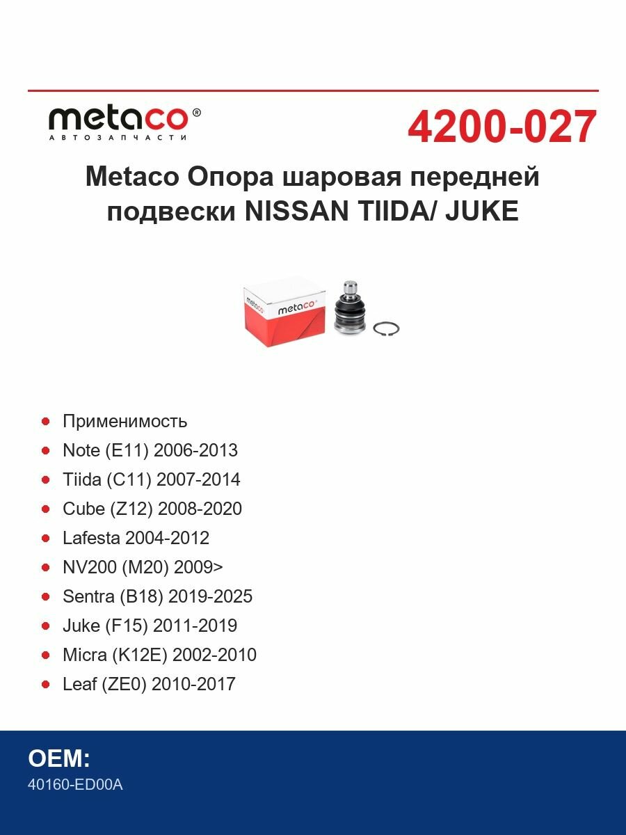 Metaco Опора шаровая передней подвески NISSAN TIIDA/ JUKE