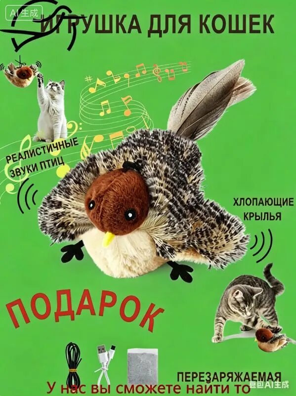 Игрушка для кошек с микрочипом птичка 21 см; летающая птичка