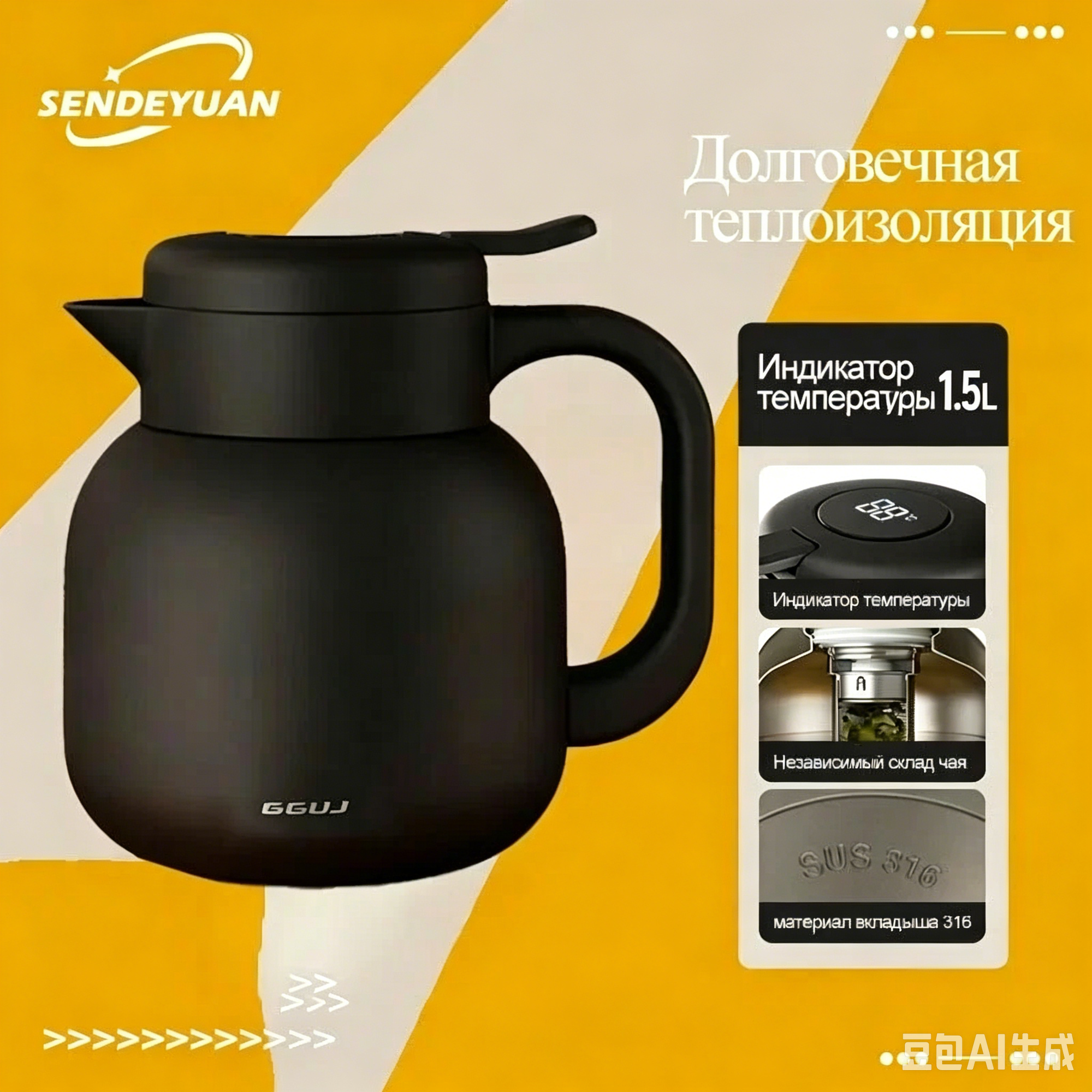 Термос-чайник 1.5 л с индикатором температуры и чайным отсеком