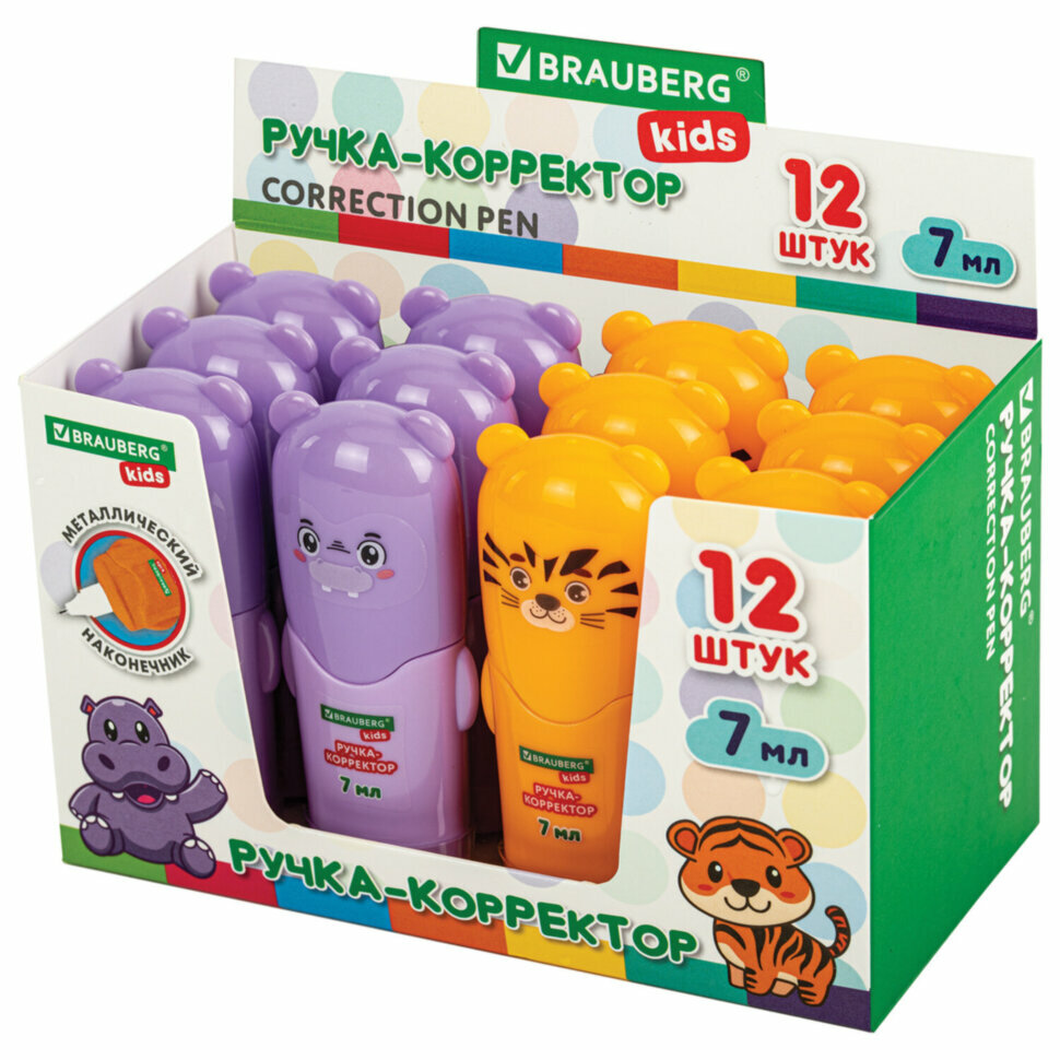 Ручка-корректор BRAUBERG KIDS "зверята", 7 мл, металлический наконечник, корпус ассорти, 272493, 24 штук, 272493