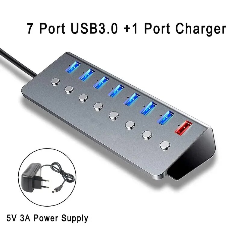 USB 3.0 хаб на 7+1 порт с блоком питания EU