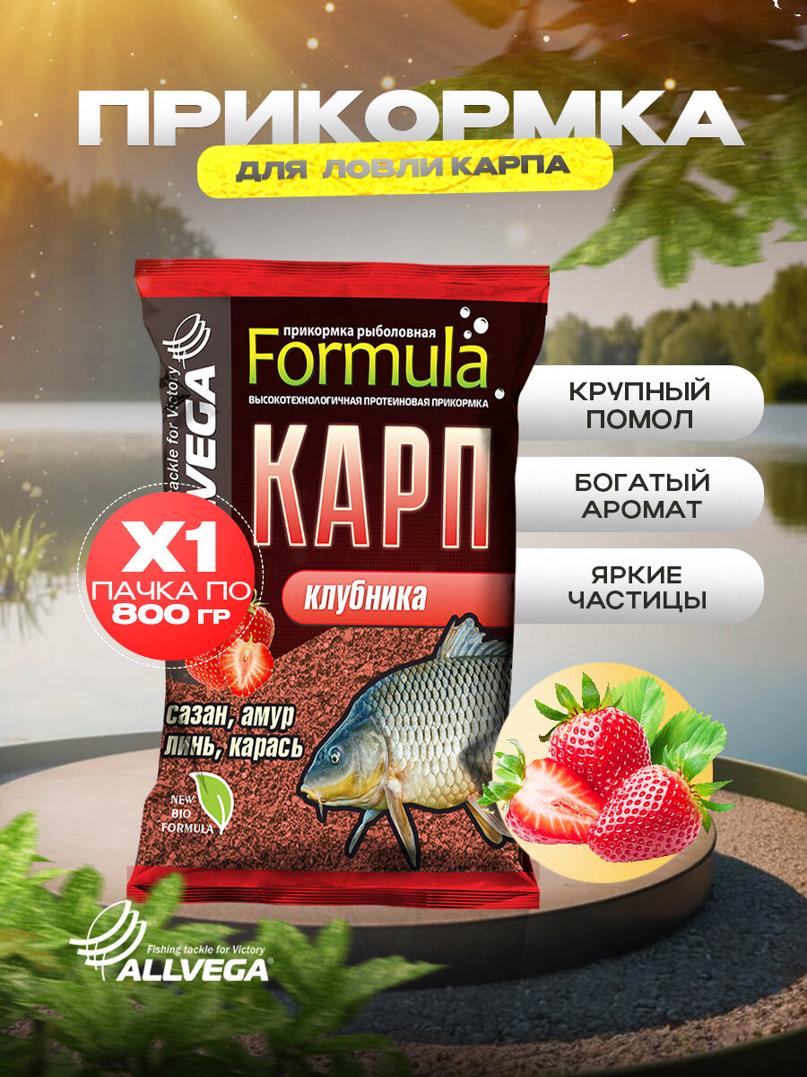 Прикормка для рыбалки ALLVEGA Formula Карп клубника 1 пачка 0,8кг