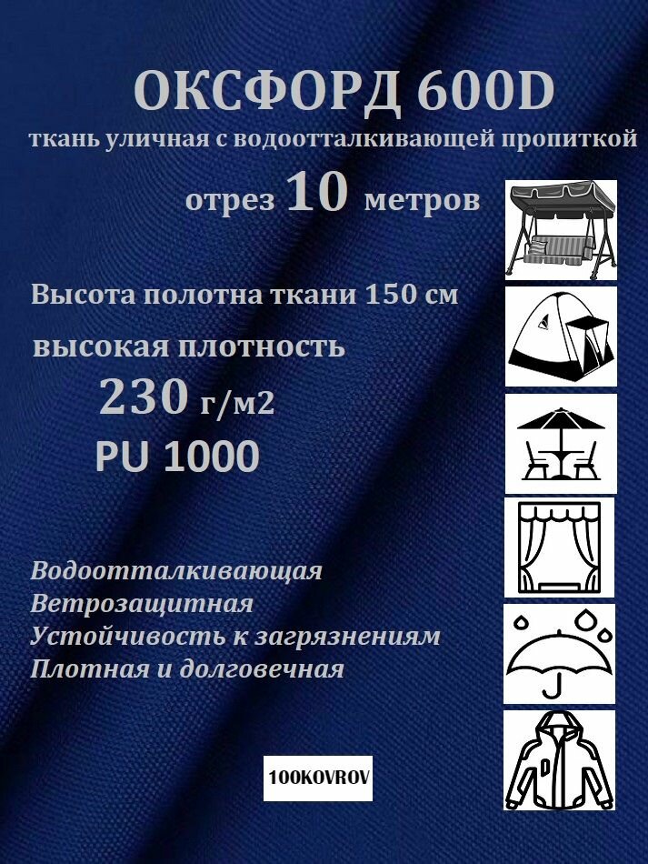 10 метров х 150 см Ткань уличная, водоотталкивающая 100KOVROV оксфорд 600D синий