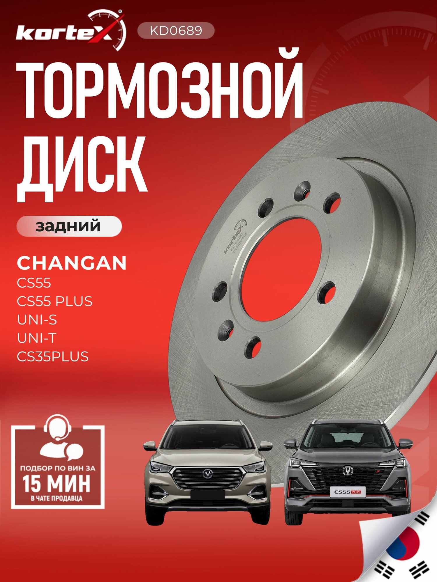 Диск тормозной Kortex для CHANGAN CS55 PLUS/UNI-S/T задний, PCD: 5x114.3 (d 283mm)