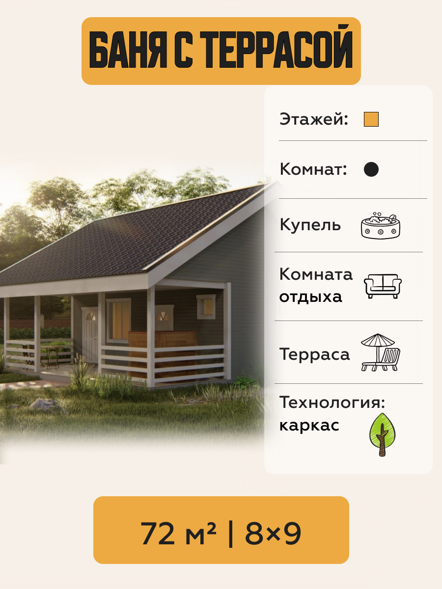 Готовый проект каркасной бани с купелью для дачи 72