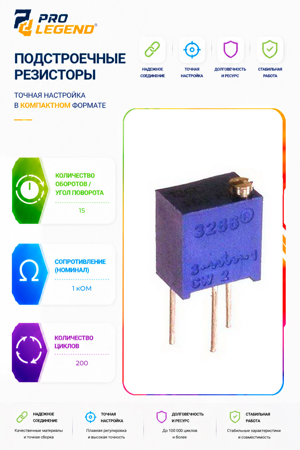 Подстроечный резистор 3266W 1K, 15 оборотов