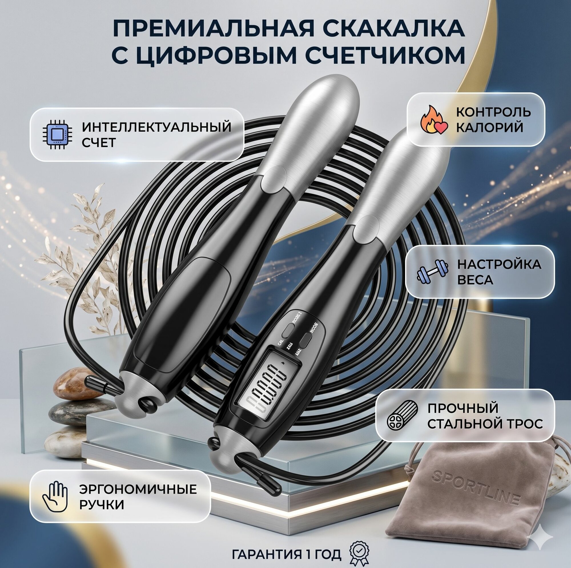 Умная скакалка с счетчиком калорий и LCD экраном, беспроводная прыгалка для фитнеса