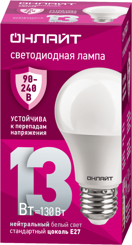 Лампа светодиодная 90 401 OLL-A60-13-230-4K-E27 13Вт грушевидная 4000К E27 90-240В PRO онлайт 90401