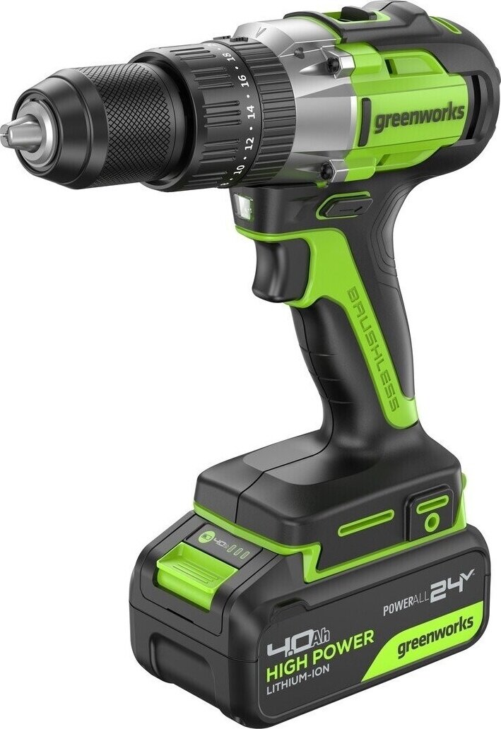 Дрель-шуруповерт аккумуляторная Greenworks 3704107CUB GD24DD60 ударная, 24V, б/щет, 30/60Нм, 1х4Ач, Зарядное устройство
