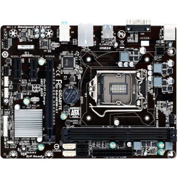 Материнская плата БУ GIGABYTE GA-H81M-S1 LGA 1150. Intel H81. 2xDDR3-1600 МГц. 1xPCI-Ex16. аудио 7.1. Micro-ATX