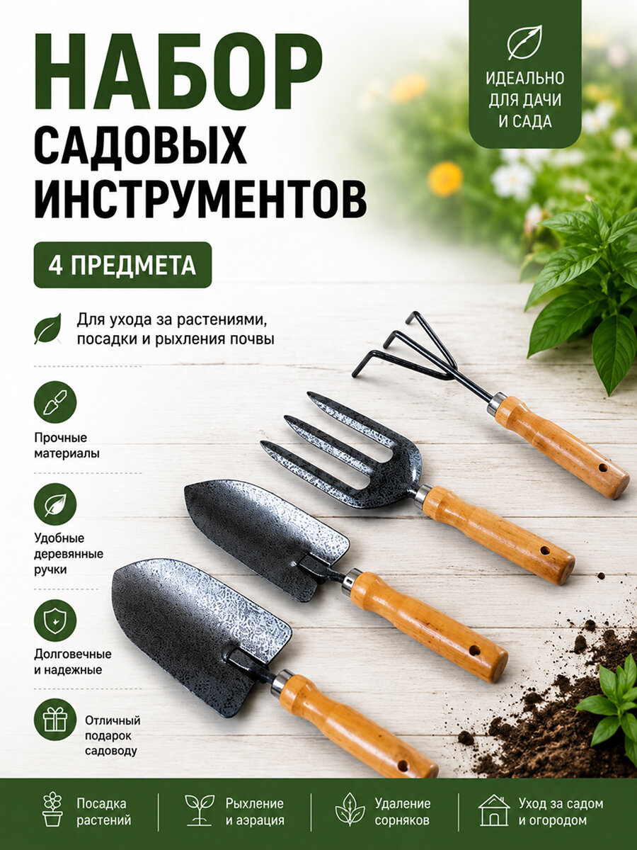 Набор садовых инструментов 4 предмета: лопатки, вилка, грабли. Для сада, огорода, рассады.