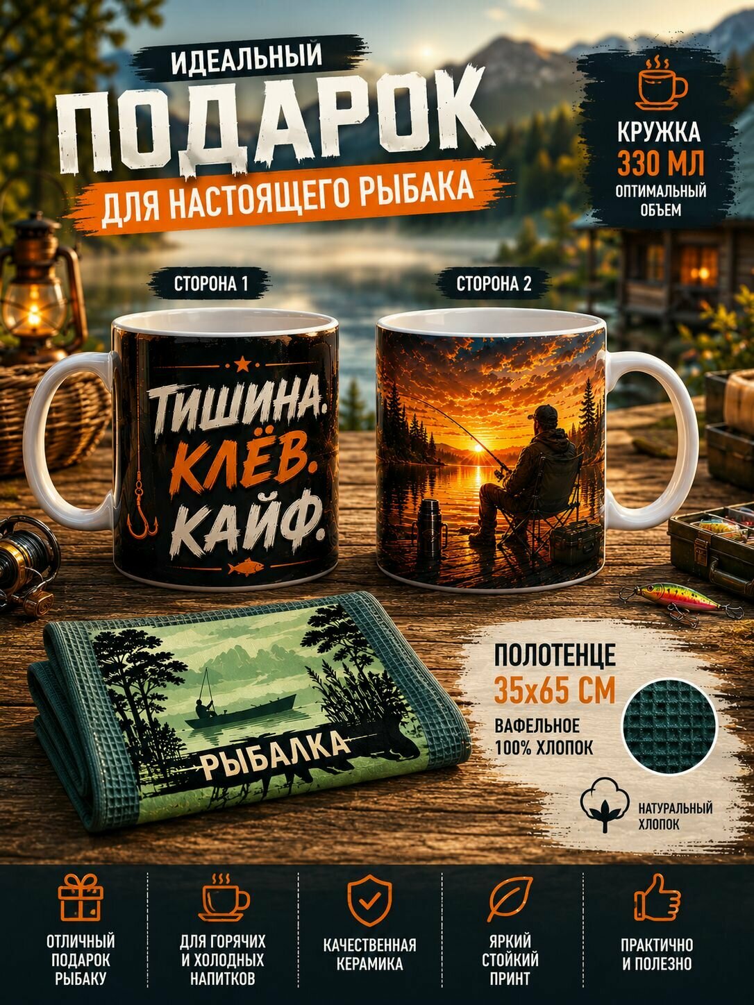 Кружка и полотенце "Настоящий рыбак", 330мл/35х65см, керамика/хлопок