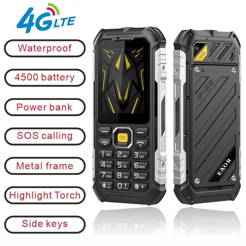 Телефон EAOR 4G с кнопочной клавиатурой, водонепроницаемый (IP68), с аккумулятором 4500 мАч, фонариком высокой яркости, кнопкой регулировки громкости, кнопкой SOS и функцией быстрого набора номера.