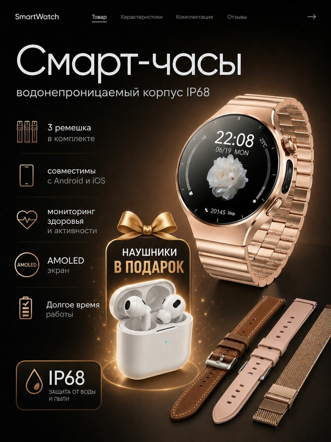 Смарт часы женские G8 mini, AMOLED экран, 3 ремешка с наушниками, золотые