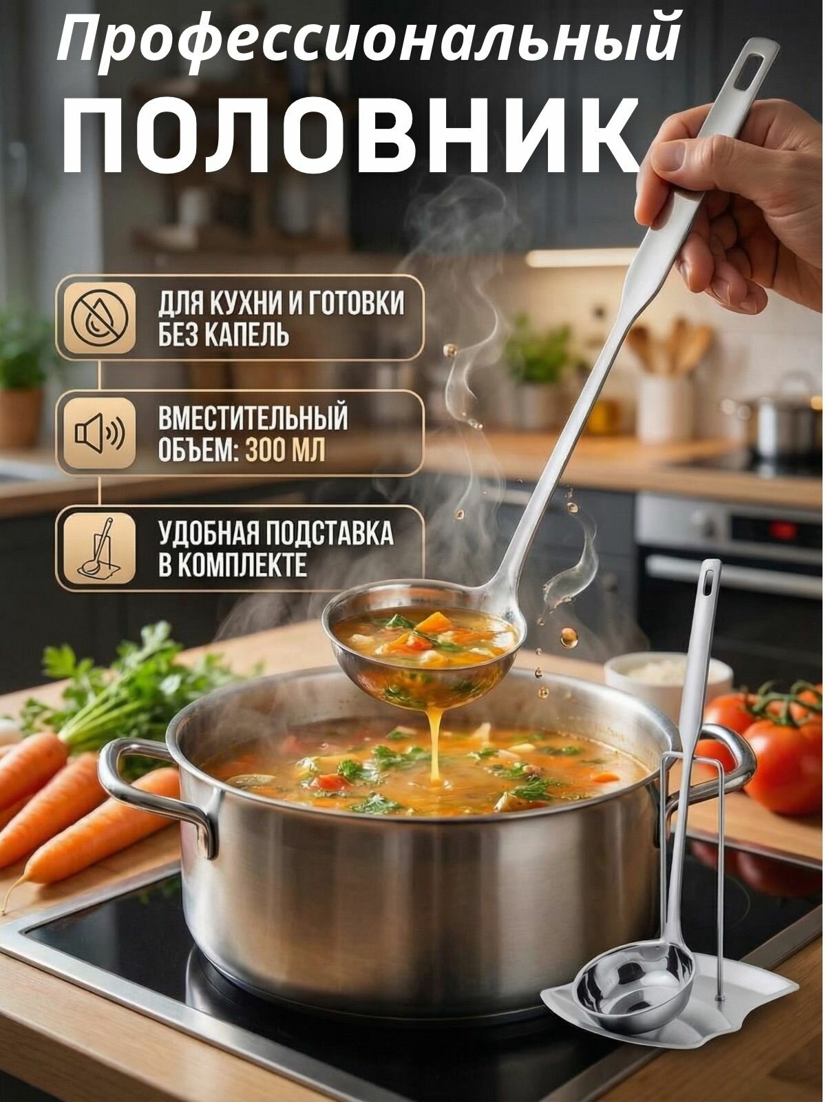Большой половник Mirus Group, 32 х 9 х 3,5 см, объём 160 мл / металлическая поварешка / черпак из нержавеющей стали