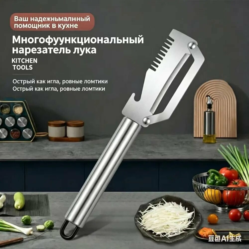 Овощечистка многофункциональная из нержавеющей стали, нож для шинковки лука и нарезки соломкой - универсальный кухонный измельчитель с открывалкой, 3 в 1.