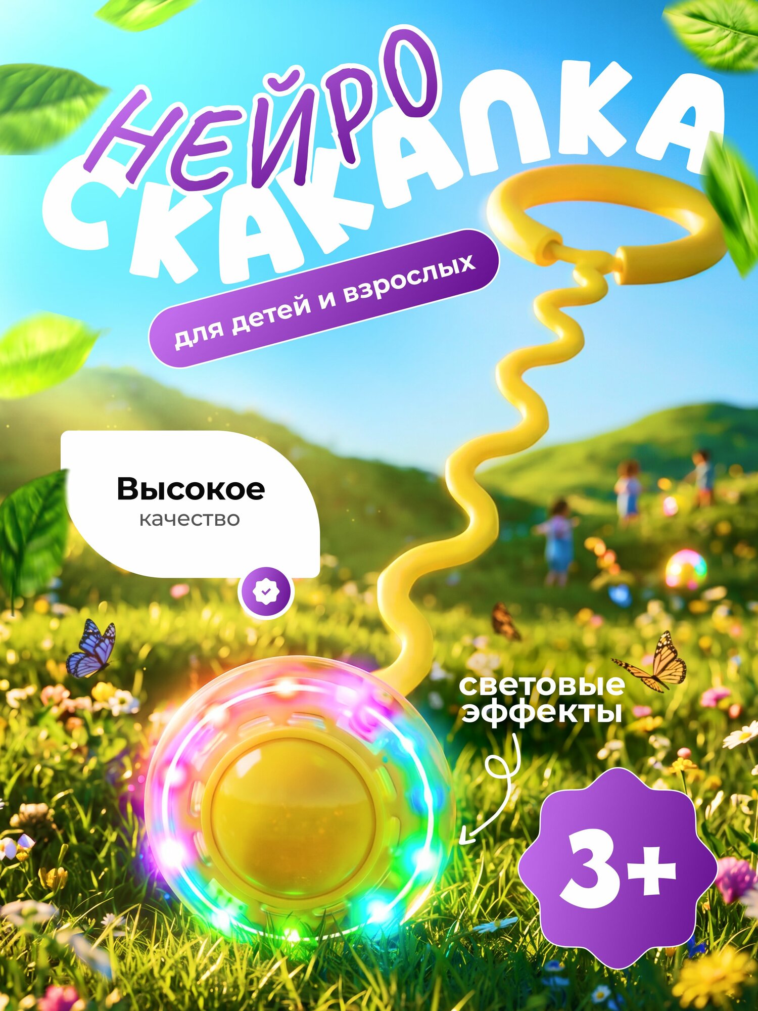 Нейроскакалка змейка, скакалка на одну ногу светящаяся, желтая