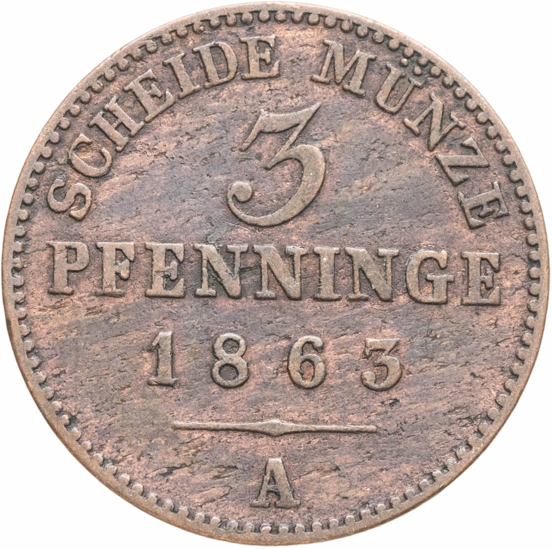 Германия, Пруссия 3 пфеннига 1863, Медь, в сохранности VF