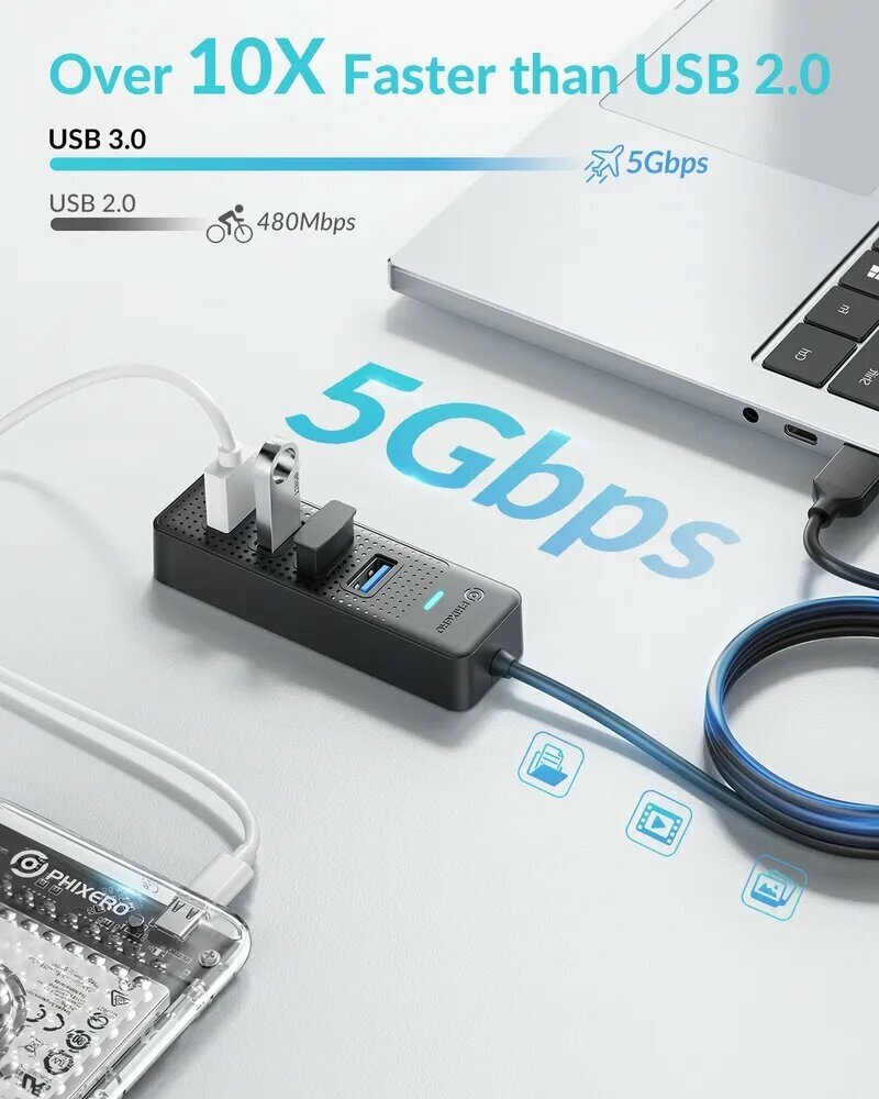 PHIXERO USB-хаб на 4 портов 3.0, 5 Гбит/с, с питанием Type-C и кабелем 1.8м. Для ПК, ноутбука, жесткого диска, периферии